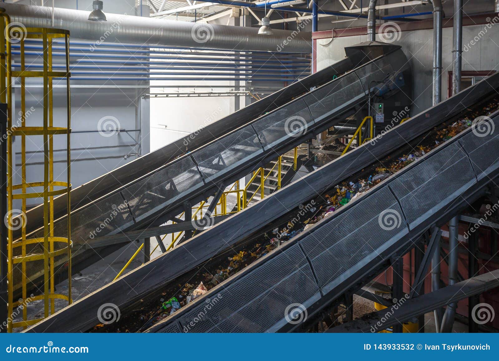 Moving Conveyor Transporter on Modern Waste Recycling Processing Plant ...