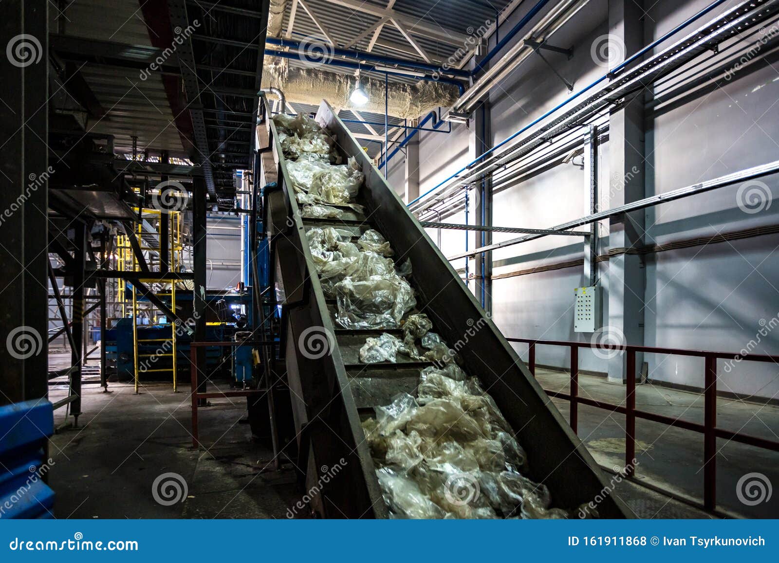 Moving Conveyor Transporter on Modern Waste Recycling Processing Plant ...