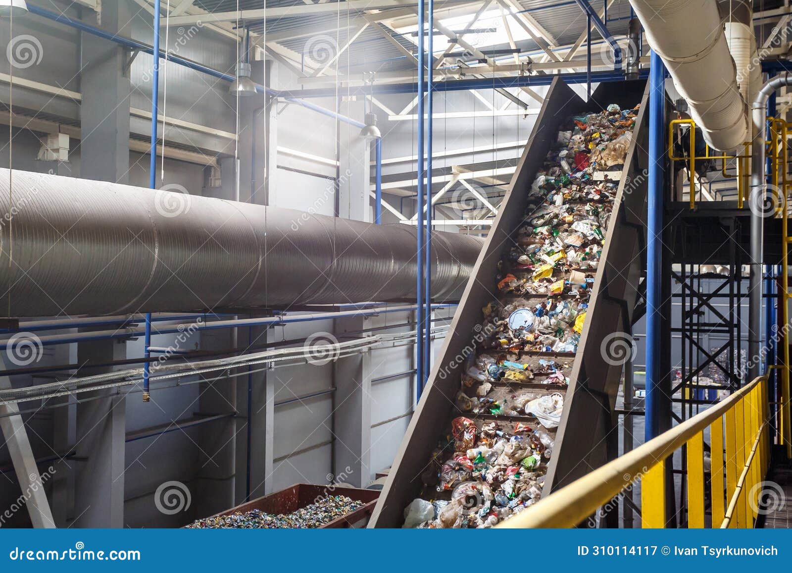 Moving Conveyor Transporter on Modern Waste Recycling Processing Plant ...