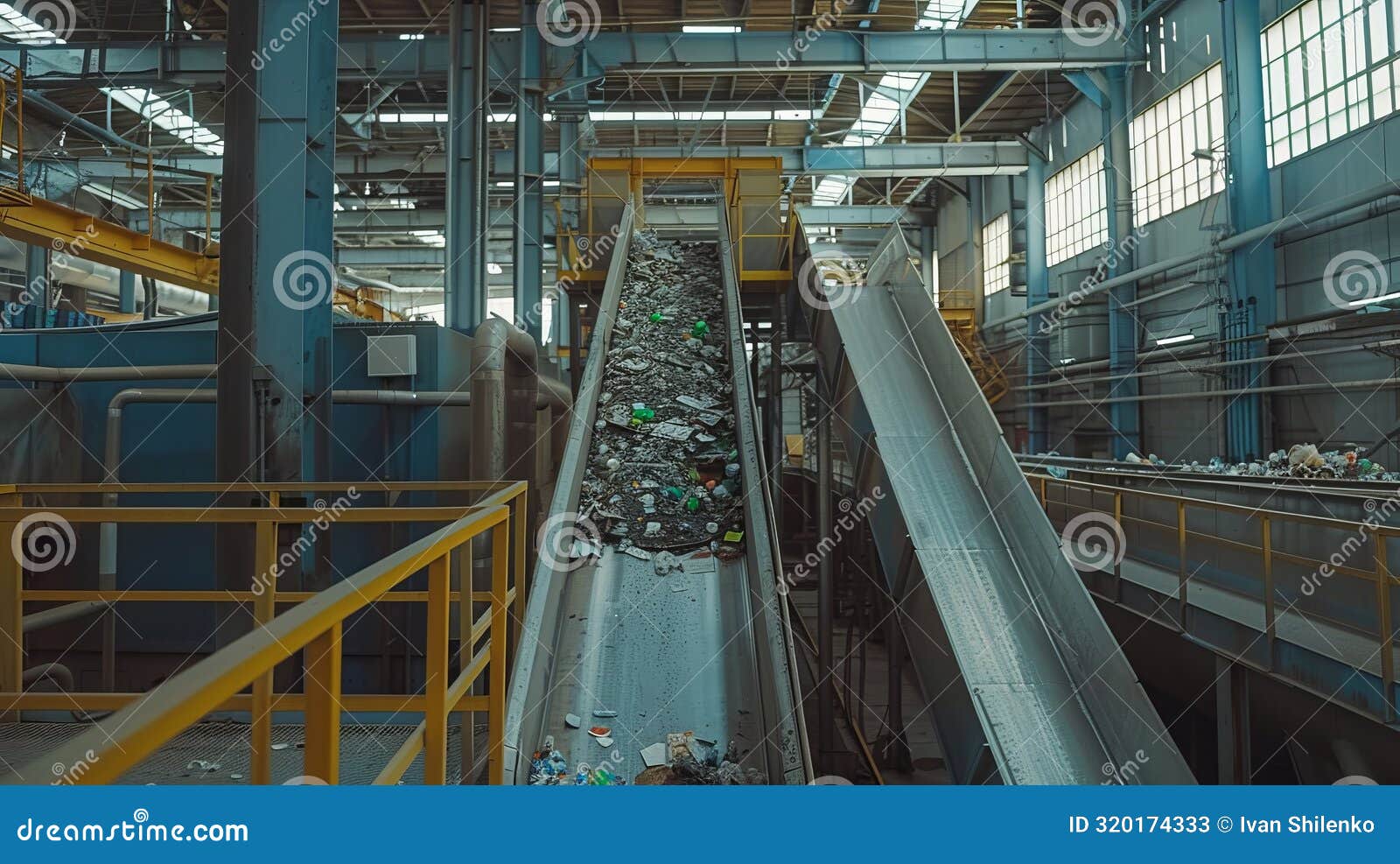 Moving Conveyor Transporter on Modern Waste Recycling Processing Plant ...