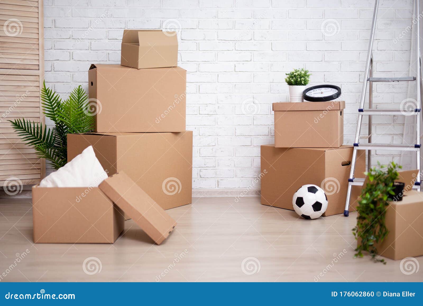Moving Day Concept - Stack of Moving Boxes in New House or Flat Stock ...