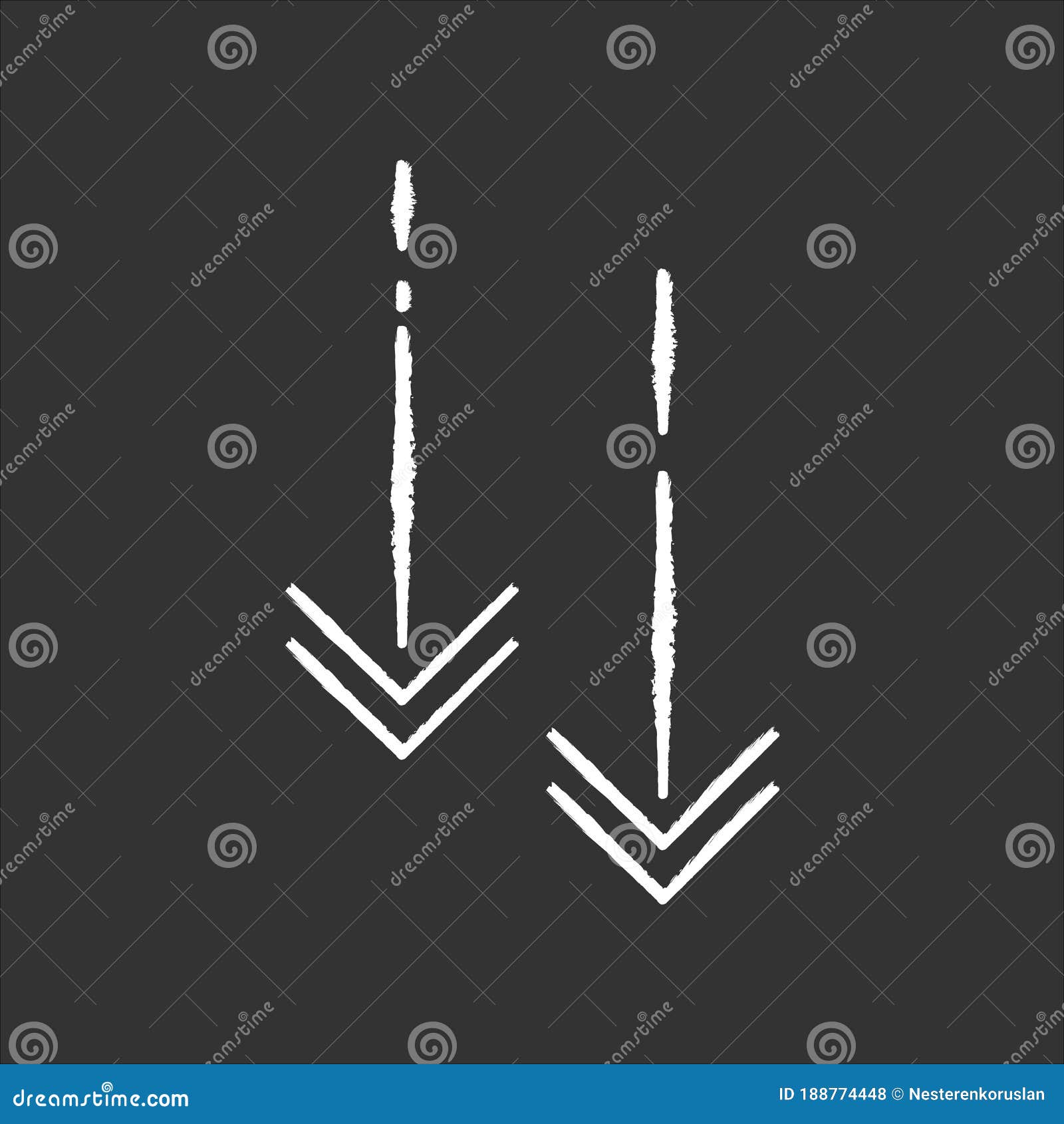 Moving Down Arrowheads Chalk White Icon on Black Background. Scroll ...