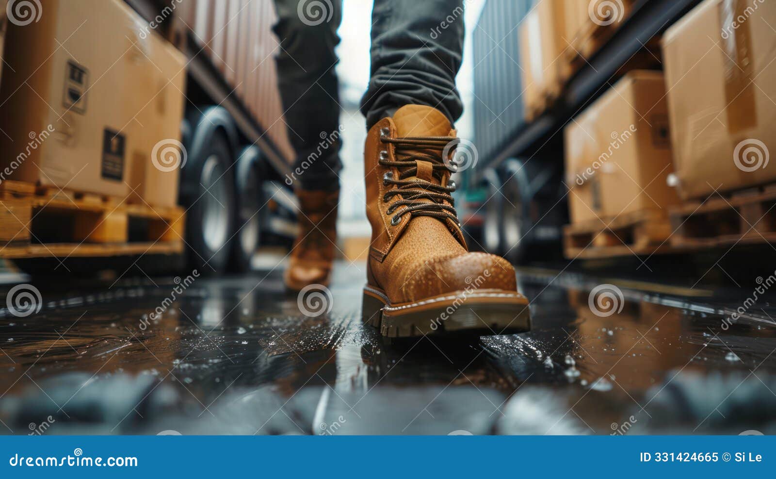 Moving Forward: Mover Boots Stepping Down from Container Truck with Box ...