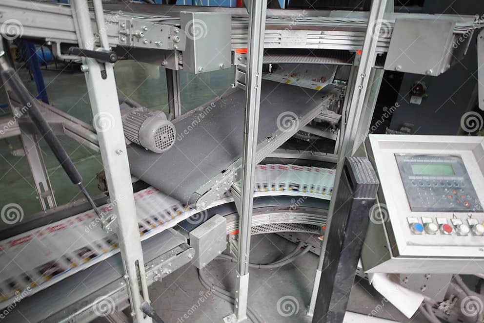 Moving of Magazines on Conveyor in Typographic Stock Image - Image of ...