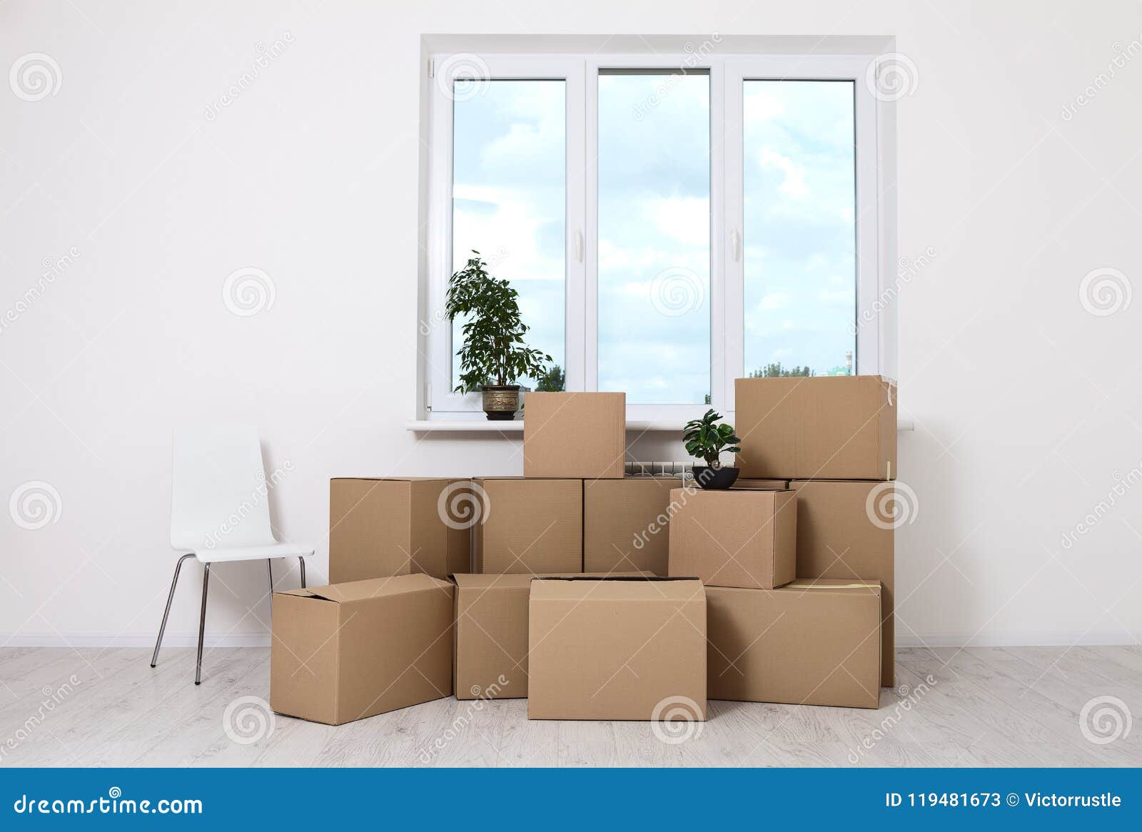 Moving into a New Apartment. Move Lots of Cardboard Boxes in an Empty ...