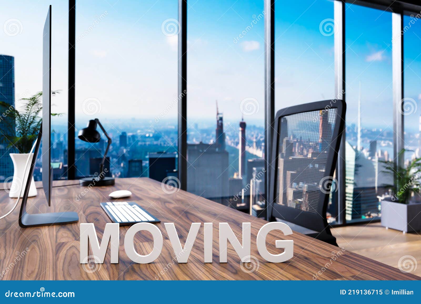 Moving; Office Chair in Front of Modern Workspace with Computer and ...