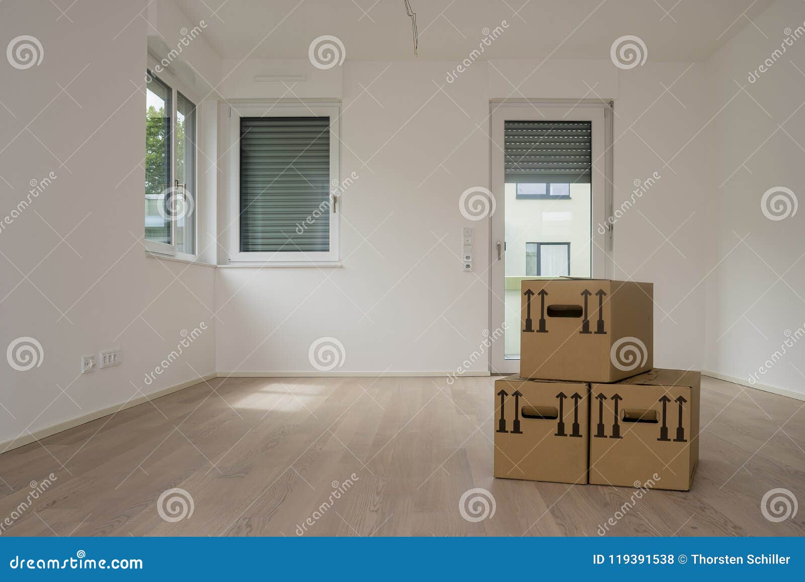 Moving Packaging Box in Empty White Room, Windows and Door in ...