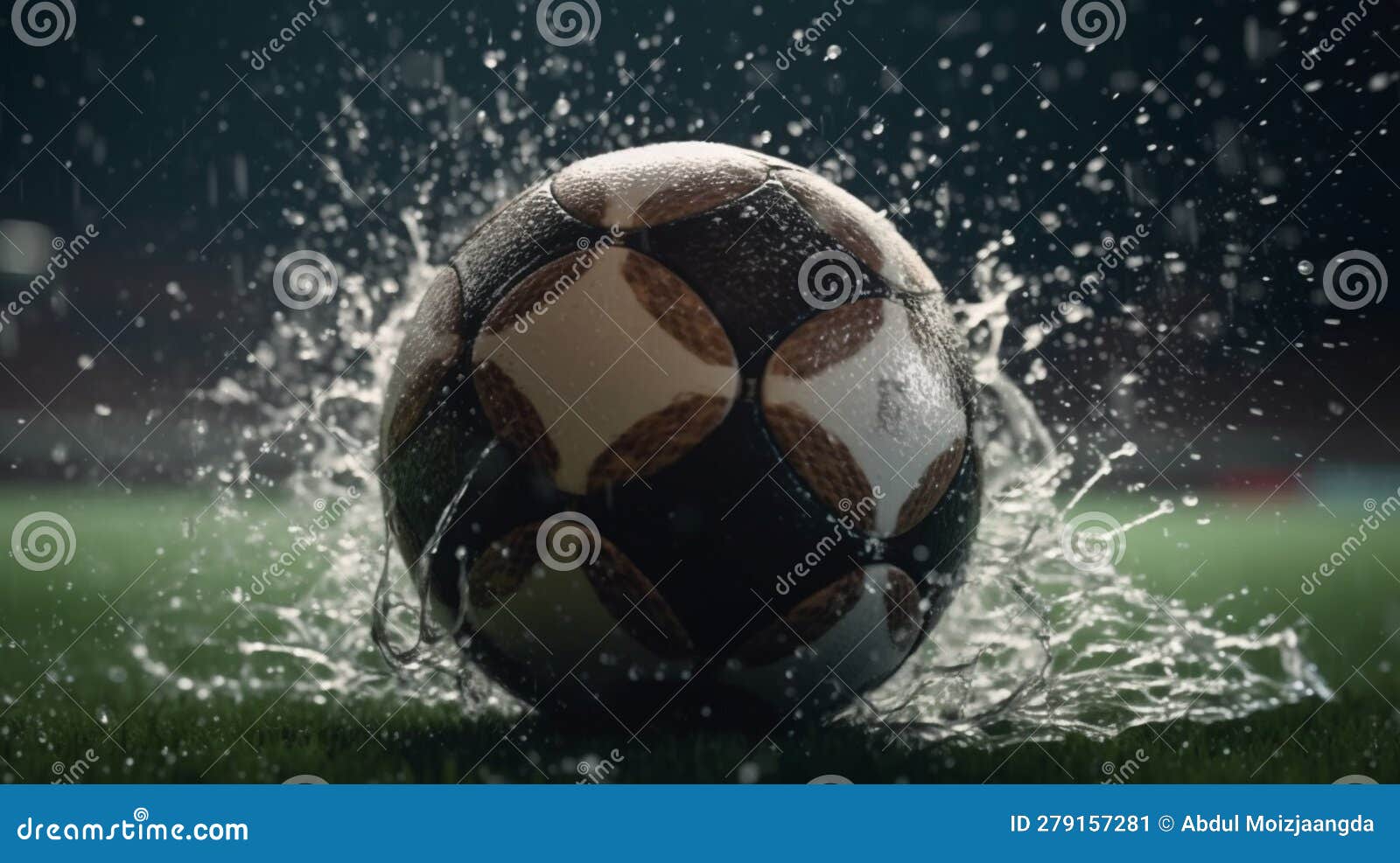 Moving Soccer Ball Around Splash Drops on the Stadium Field Stock ...