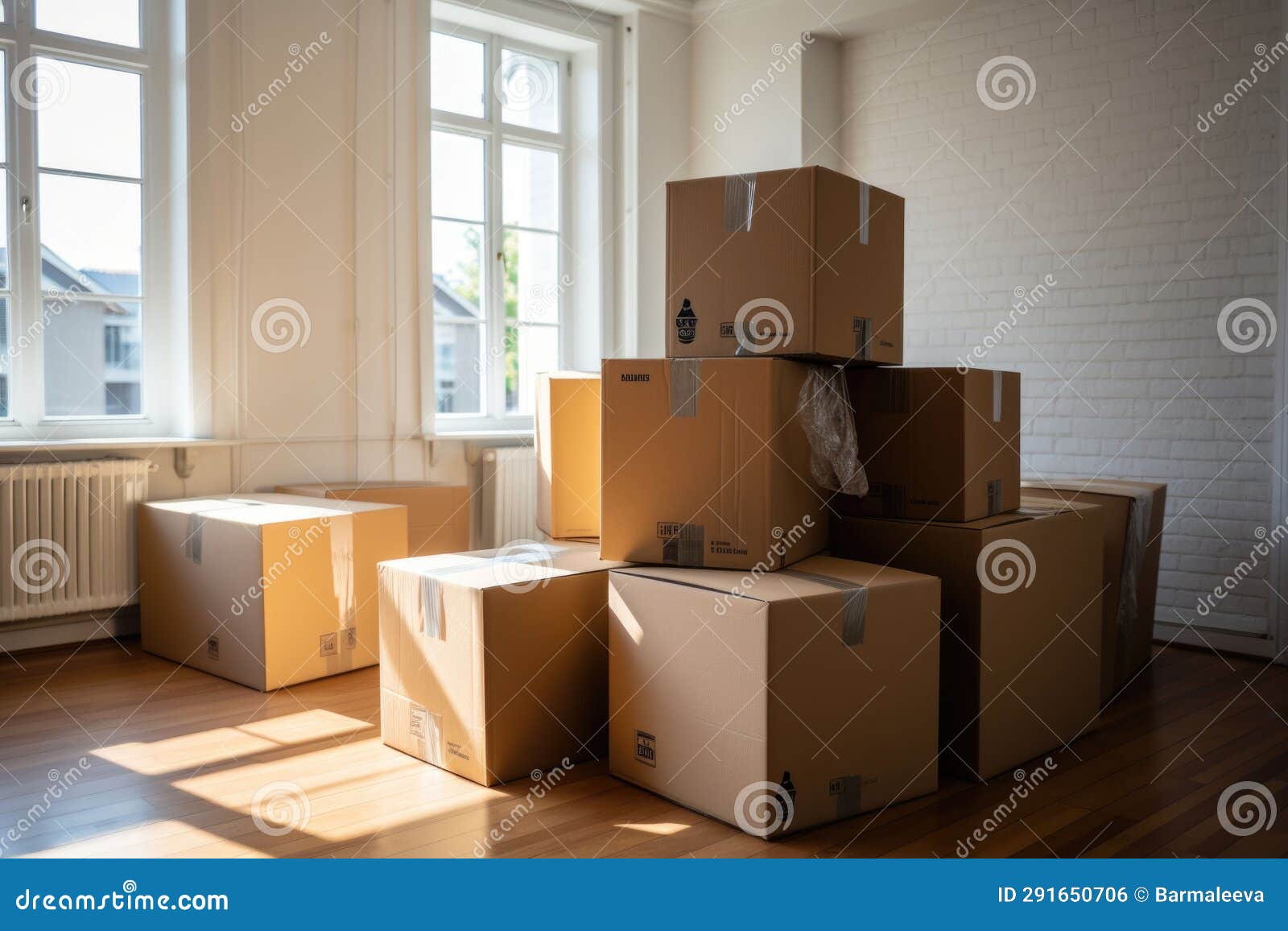 Moving in. Stack of Cardboard Boxes in the Empty Room Stock ...