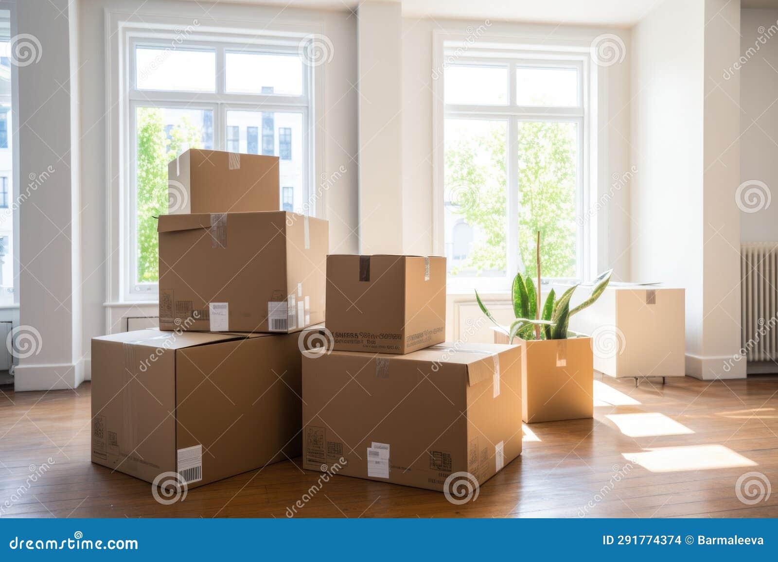 Moving in. Stack of Cardboard Boxes in the Empty Room Stock ...