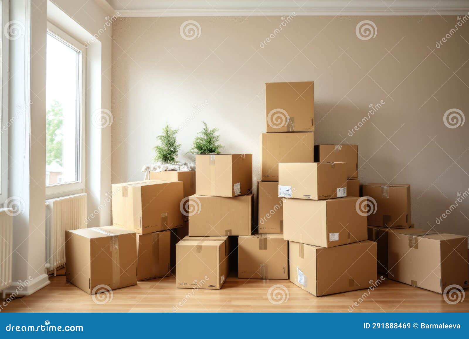 Moving in. Stack of Cardboard Boxes in the Empty Room Stock ...