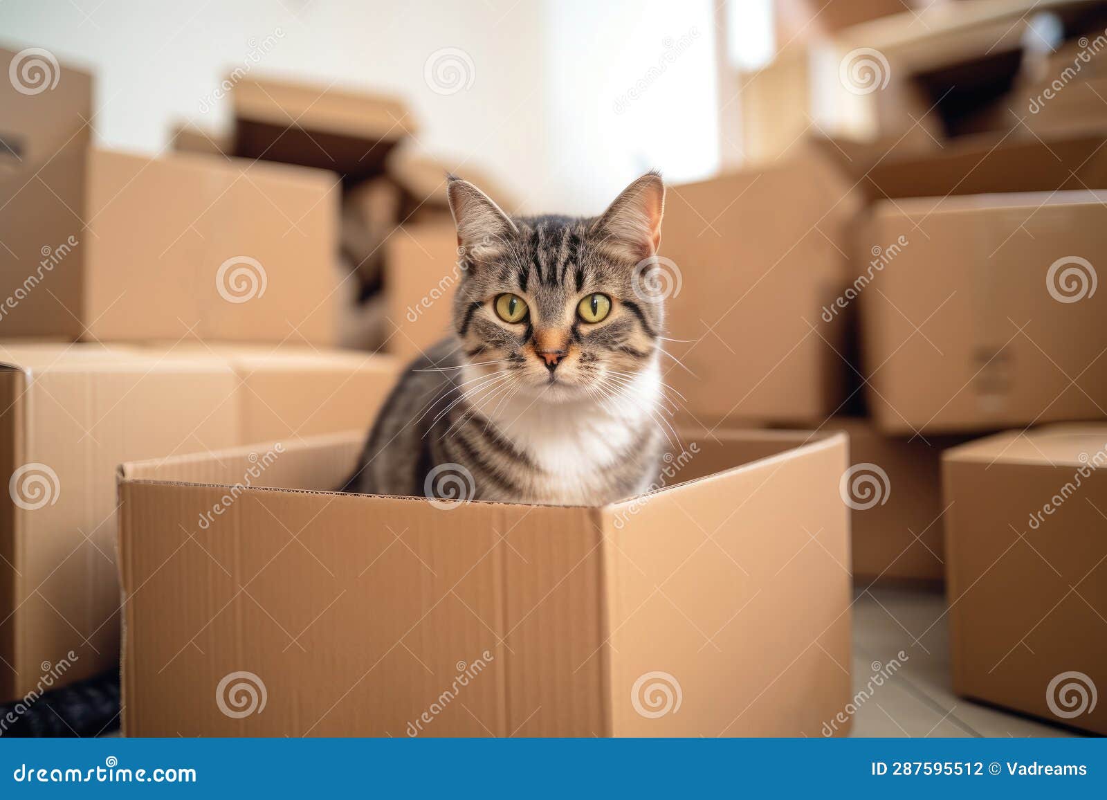 Moving To New Home, Donation Concept. Stack of Cardboard Boxes and Cat ...