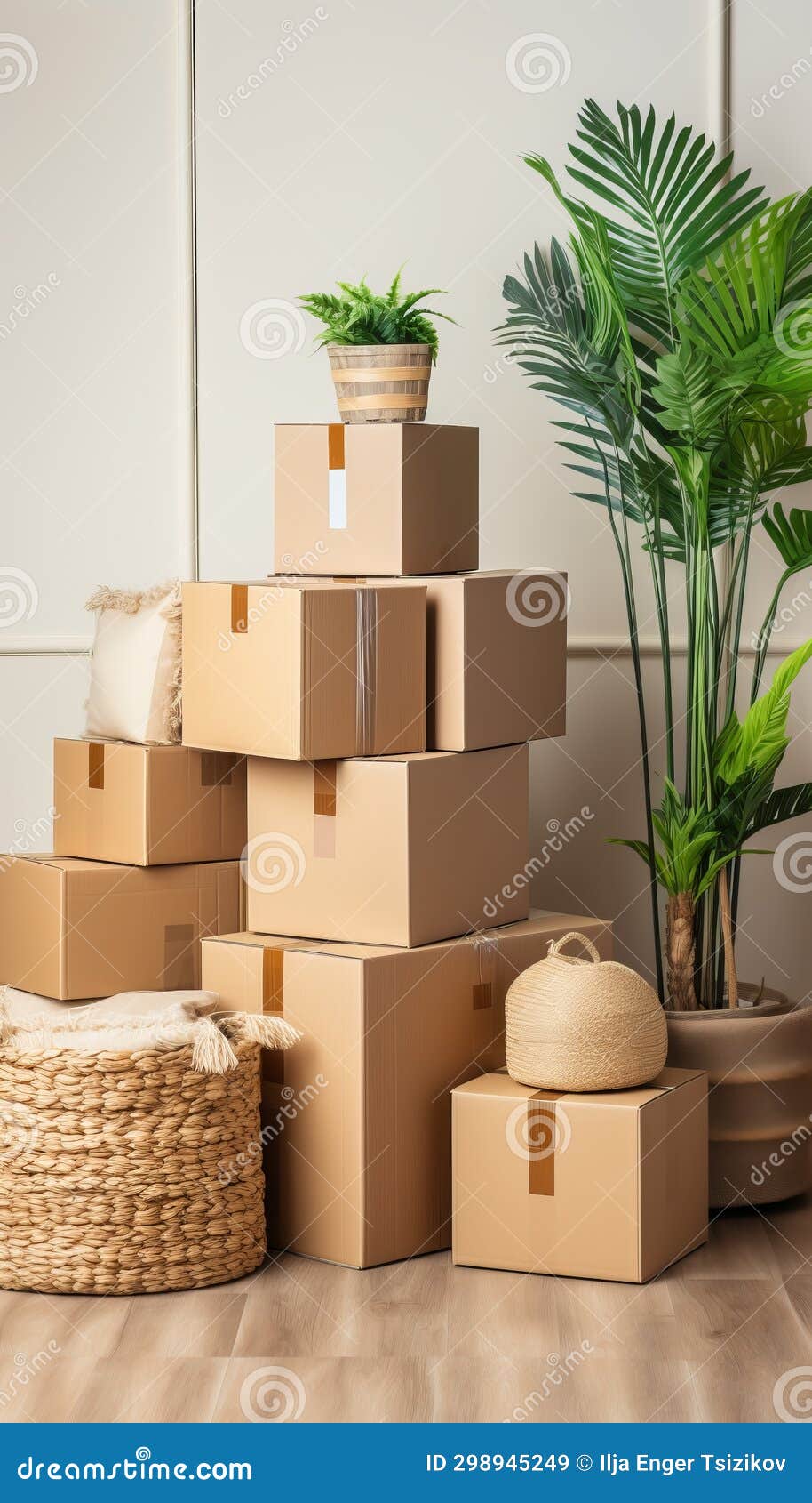 Moving To New Home Donation Concept Stack of Cardboard Boxes with Cat ...