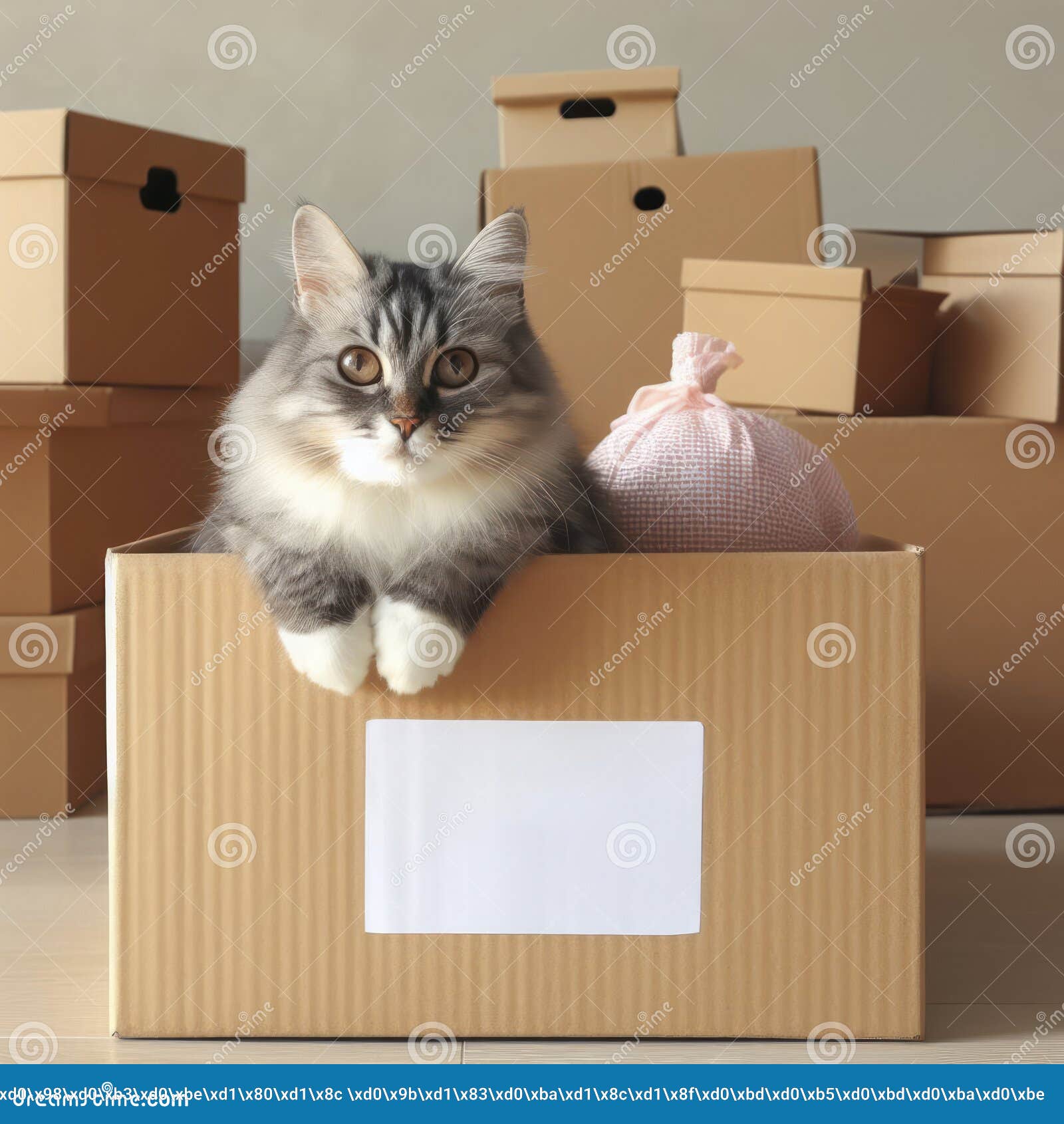 Moving To New Home. Stack of Cardboard Boxes and Cat Sitting in Empty ...