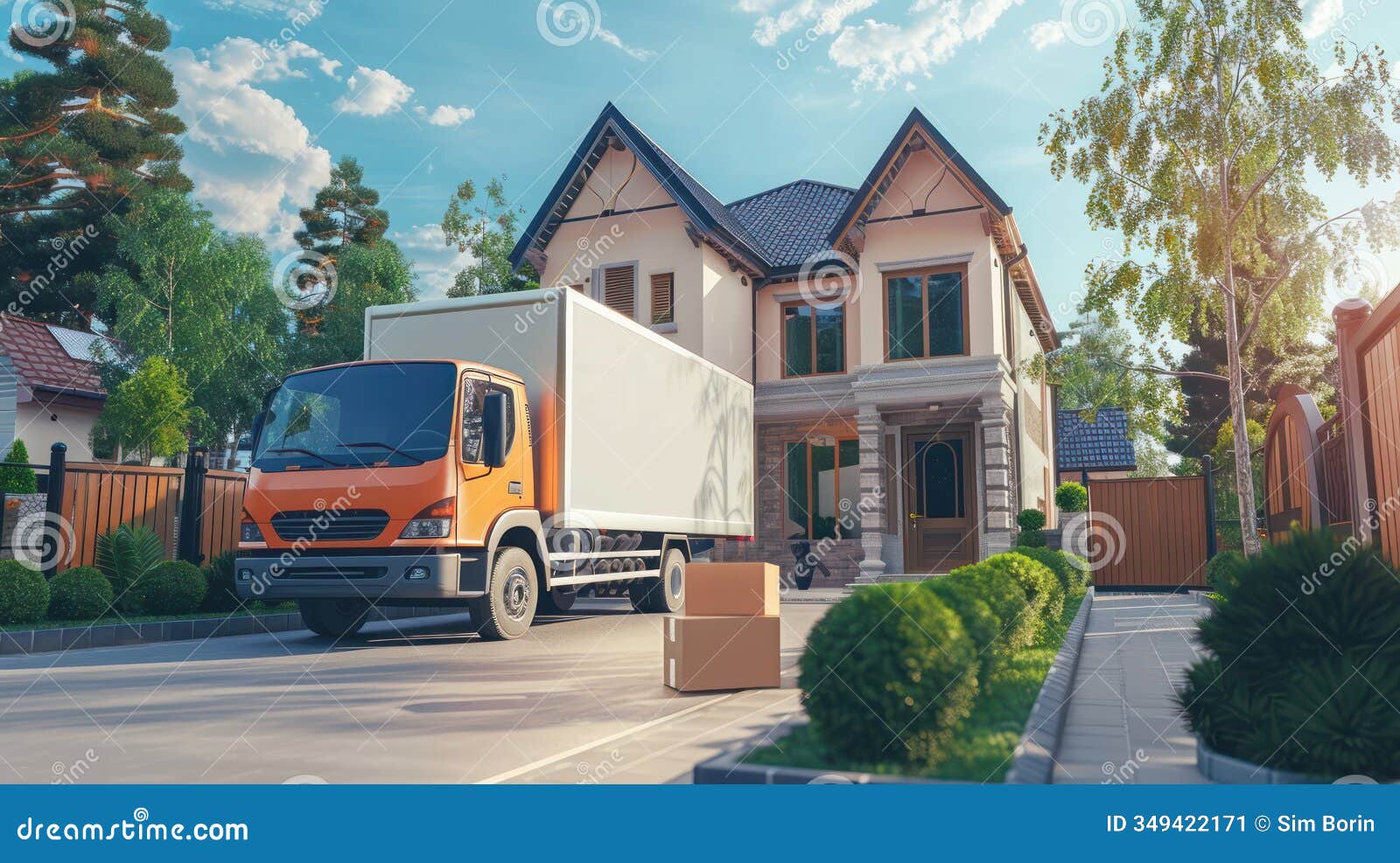 Moving Truck in Front of House Loading Stock Illustration ...