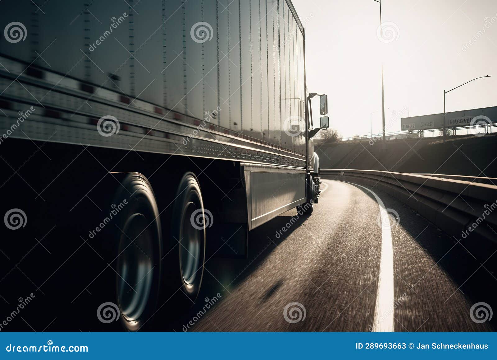 Moving Truck Highway Scene, Low Camera Angle from Rear Corner of Truck ...