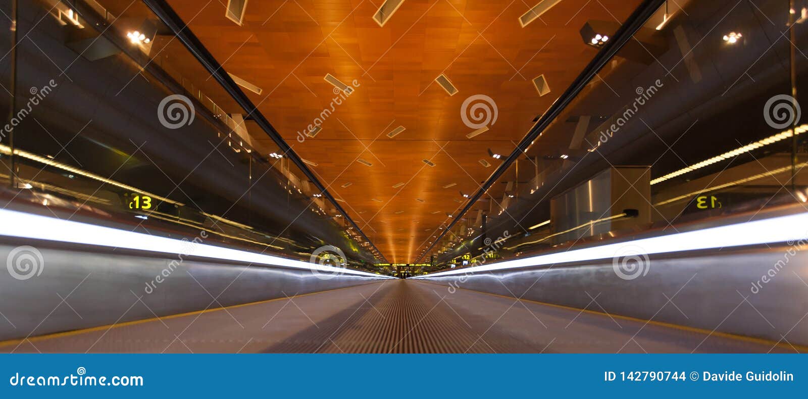 Moving Walkway in Airport, Perspective View Stock Photo - Image of ...