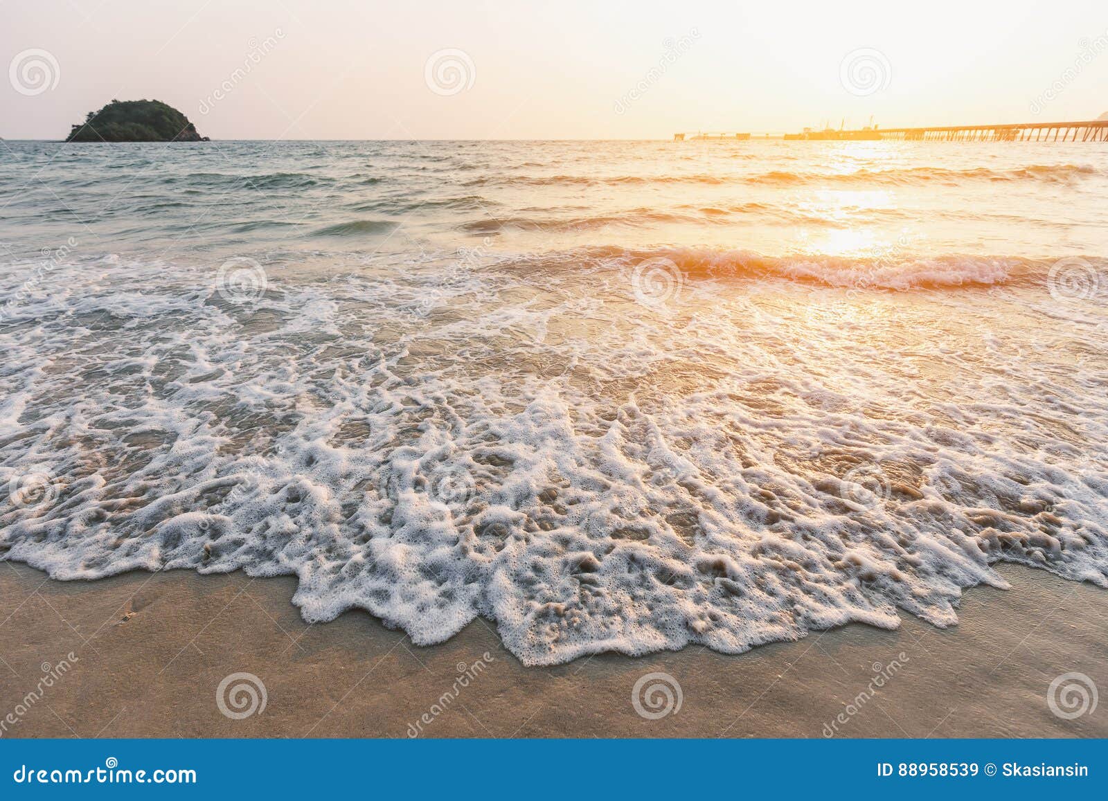 Moving Wave on Sand of Sunset Beach Stock Image - Image of motion ...