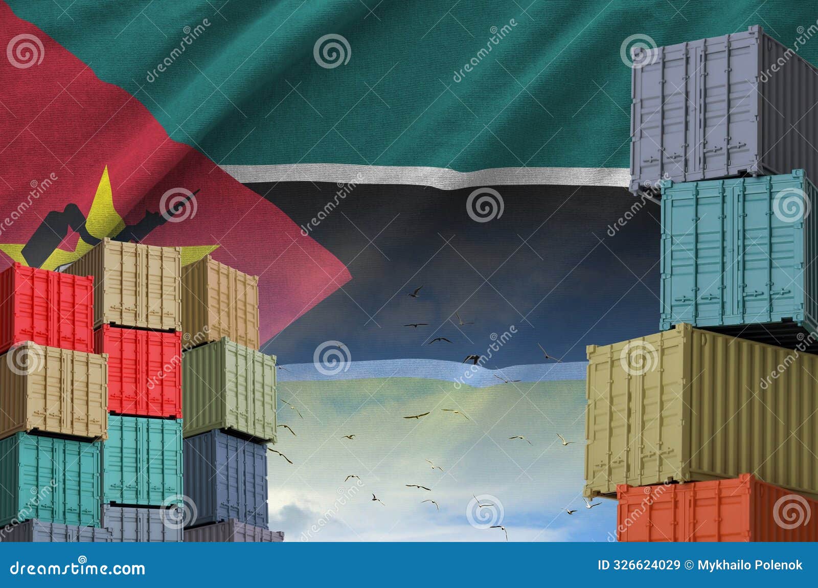 Mozambique Flag and Big Stack of Shipping Cargo Containers in Docks ...