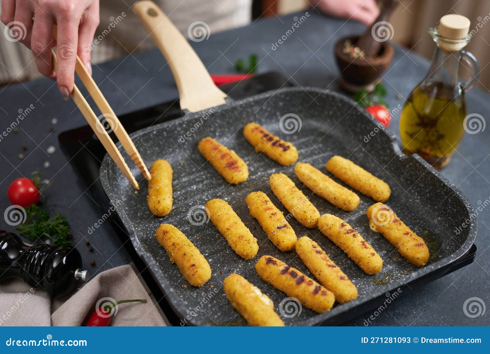 Mozzarella Cheese Sticks are Fried in Oiled Grill Frying Pan Stock ...