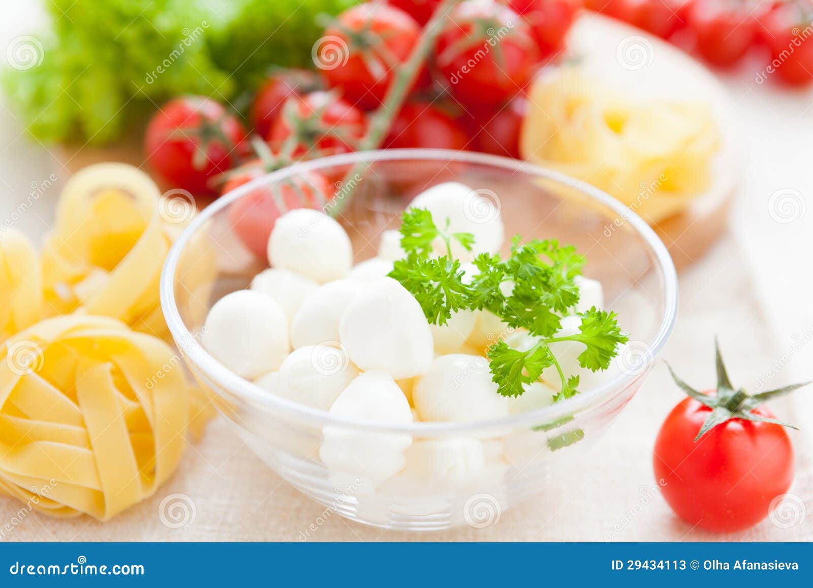 Mozzarella in a Transparent Bowl and Raw Fettuccine Stock Image - Image ...