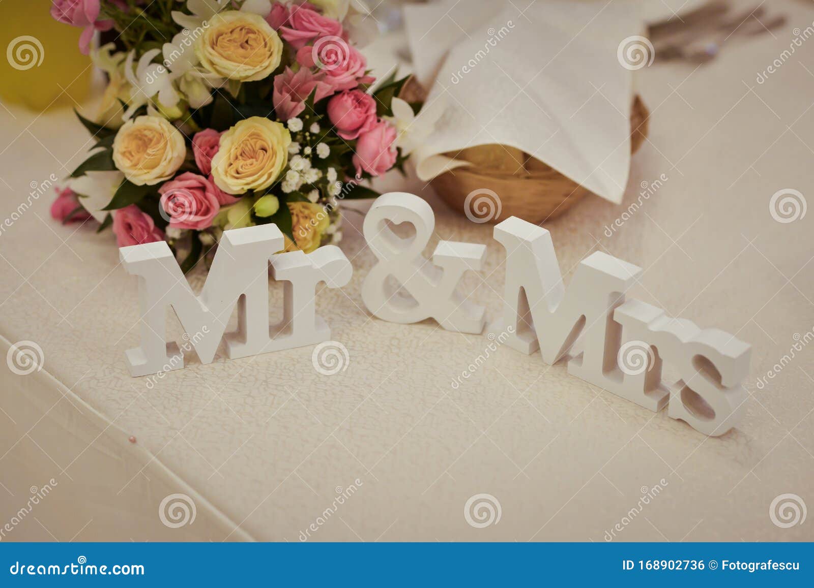 Mr & Mrs Wooden Text on a Wedding Table Stock Photo - Image of flowers ...