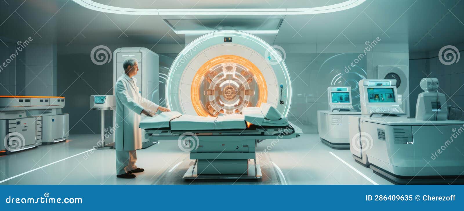 The MRI room of the future stock illustration. Illustration of brain ...