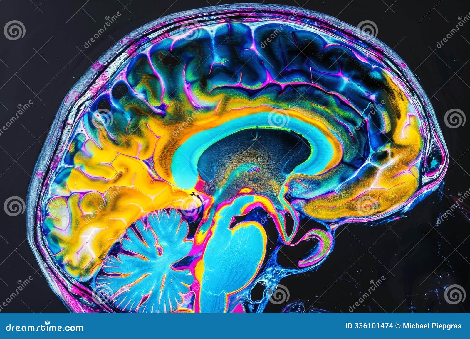 An MRI Scan of a Human Brain with Different Colored Regions Stock Photo ...