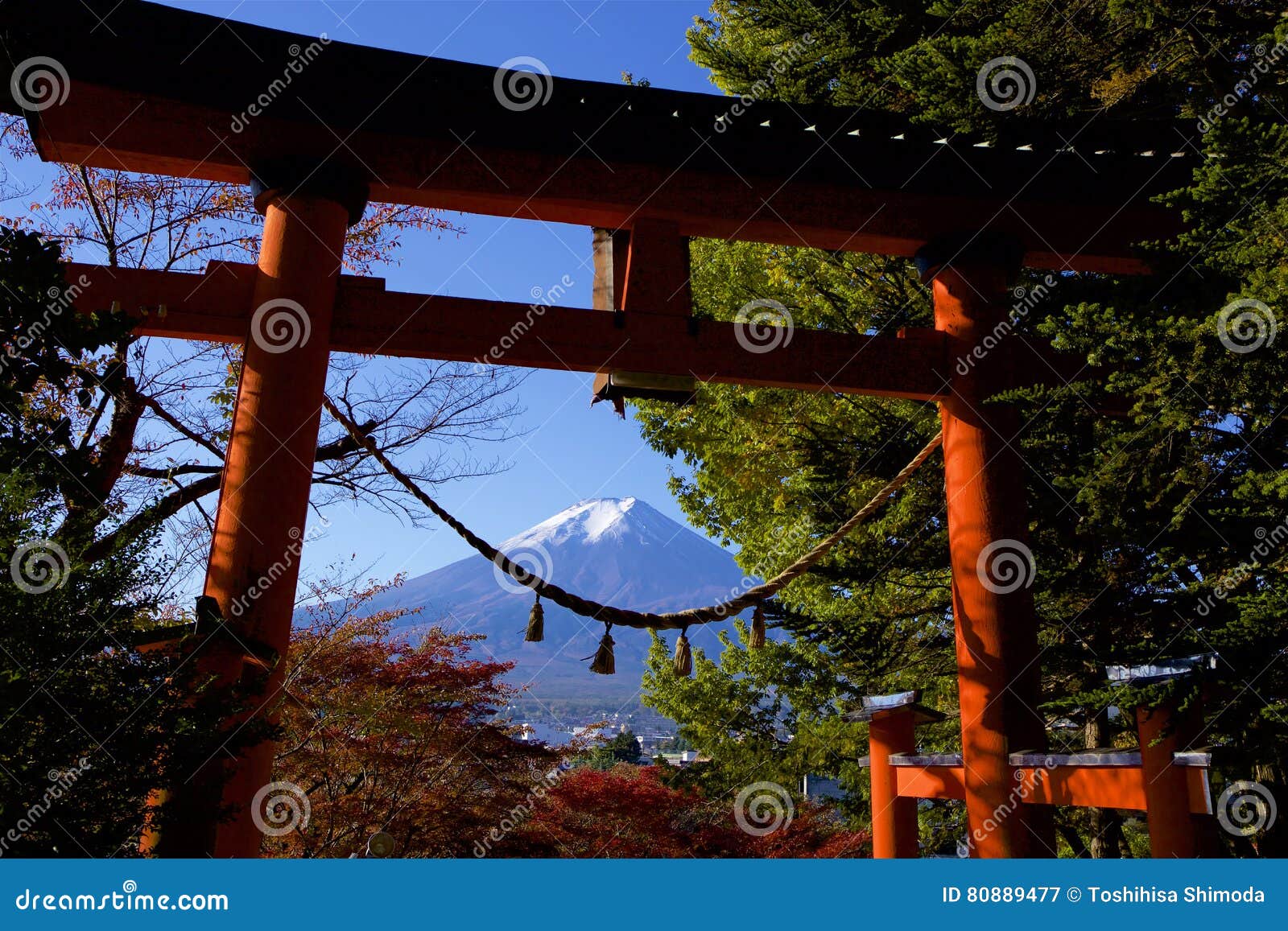 View Of Torii Gate Of Asama Shrine With Mount Fuji In Background Stock ...