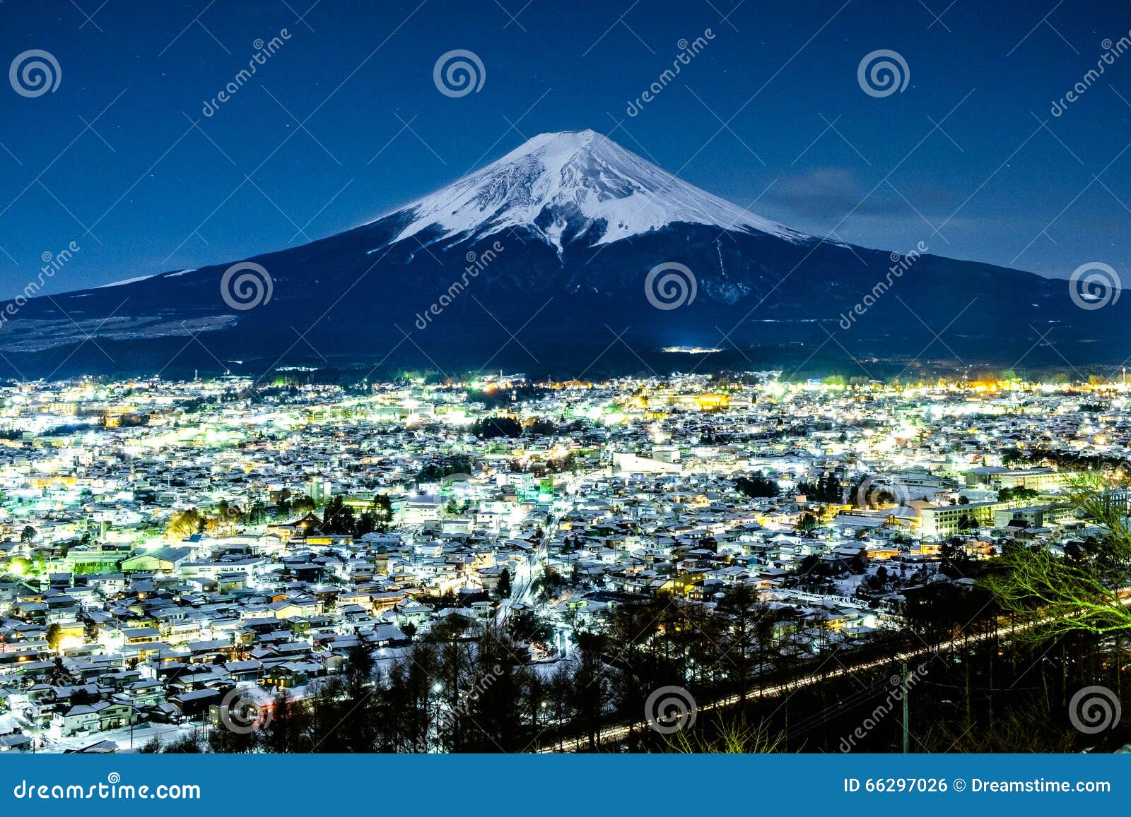 Mt. Fuji at Night in Fujiyoshida, Japan Stock Photo - Image of blossoms ...