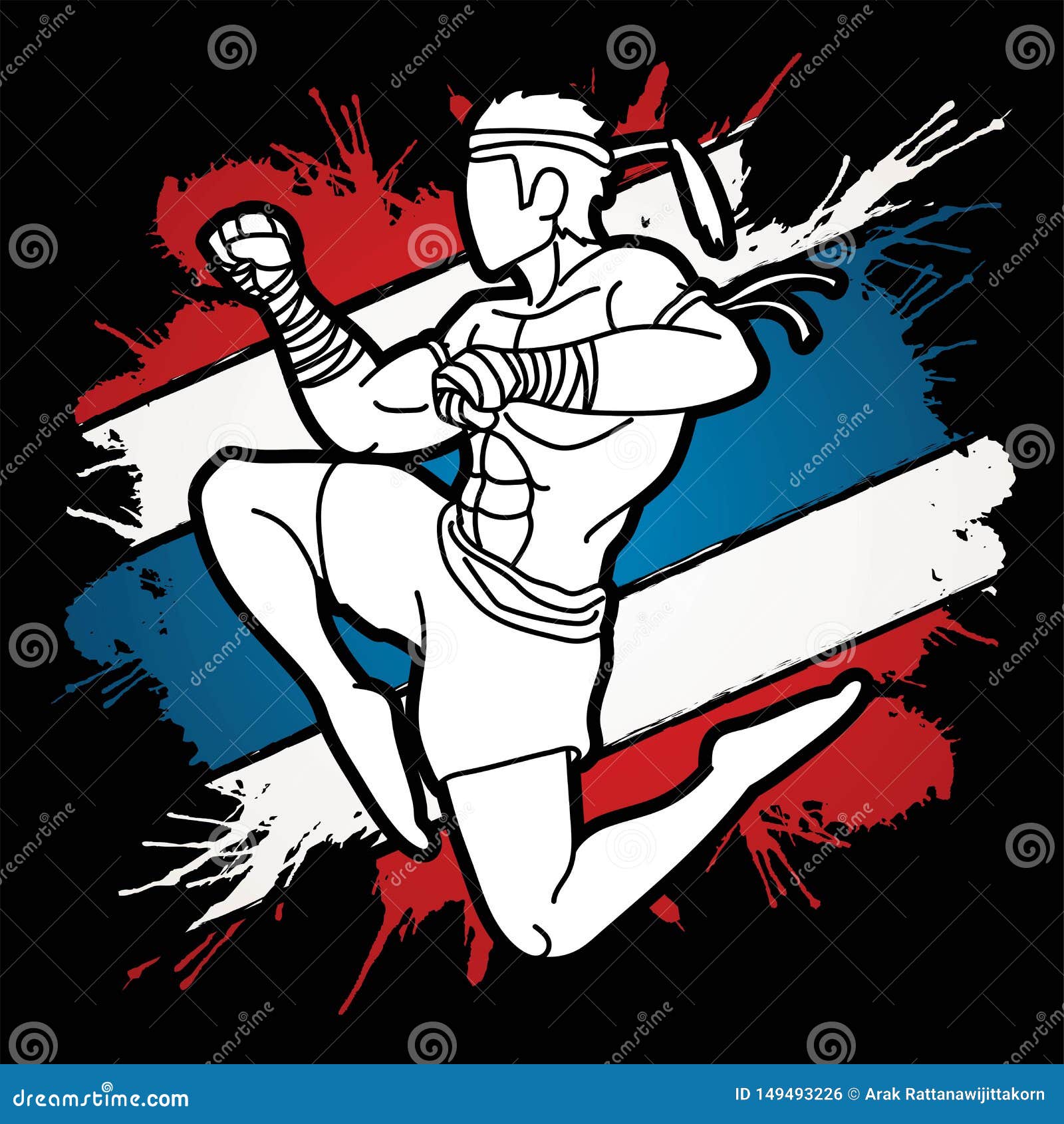 Muay Thai Action , Thai Boxing Jumping To Attack Cartoon Graphic Stock ...