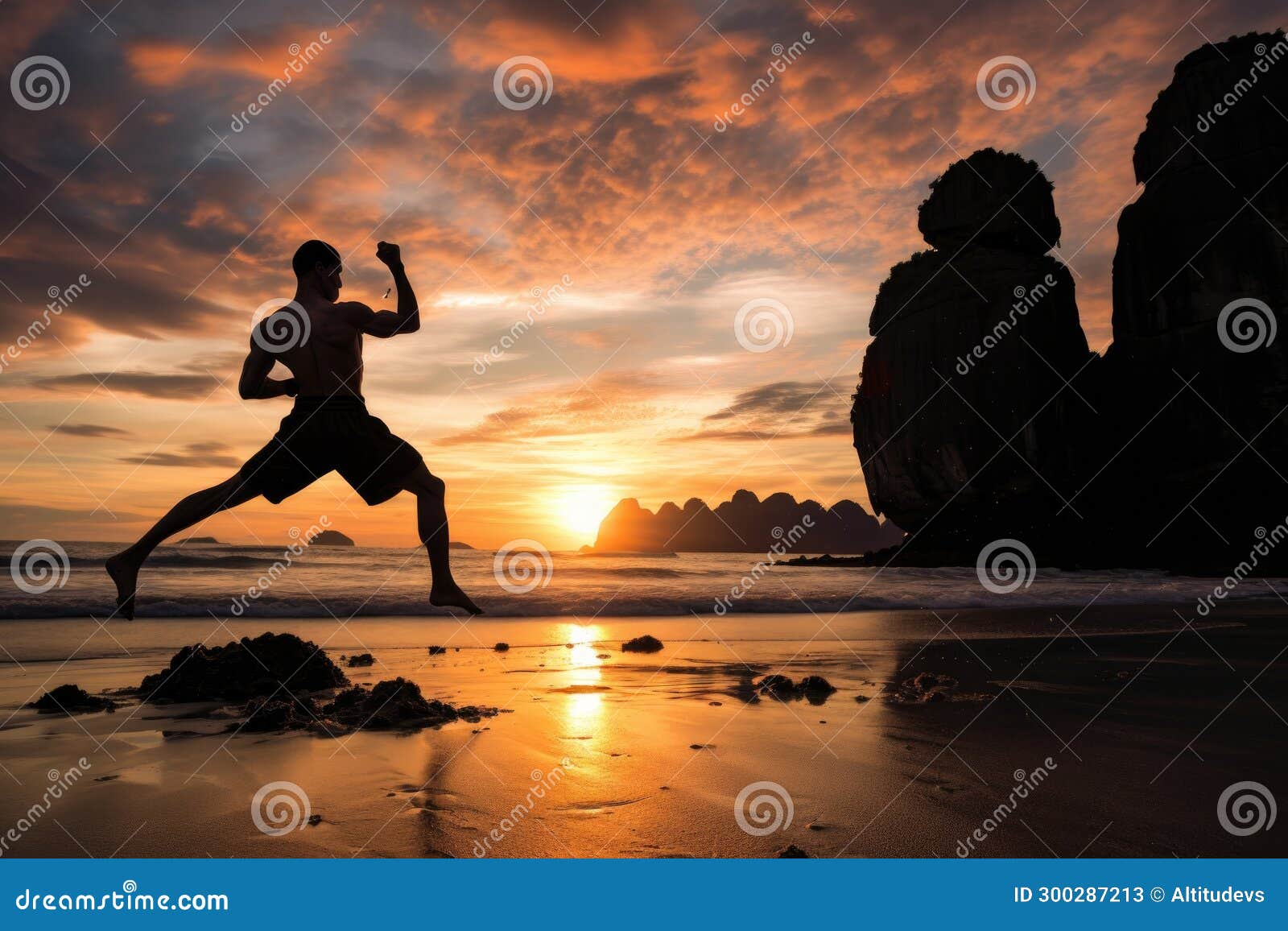 Muay Thai Fighter Performing a High Kick during Sunset on a Beach Stock ...