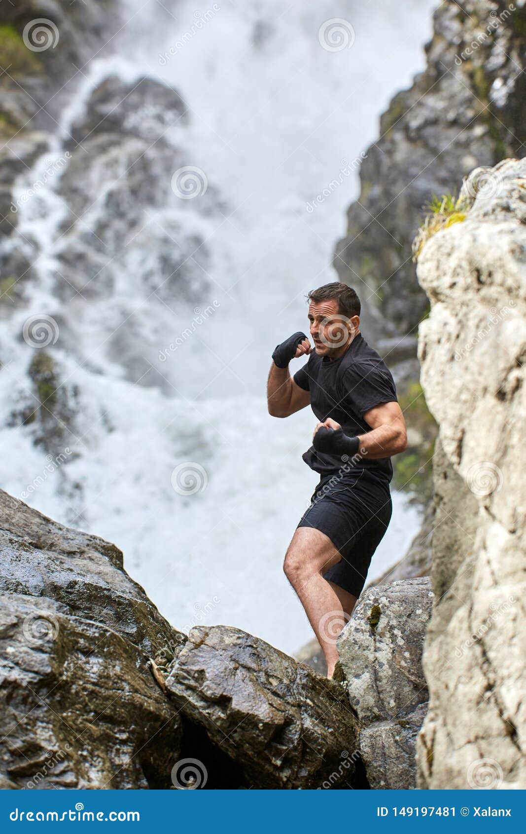 Muay Thai Fighter Training by the Waterfall Stock Image - Image of ...