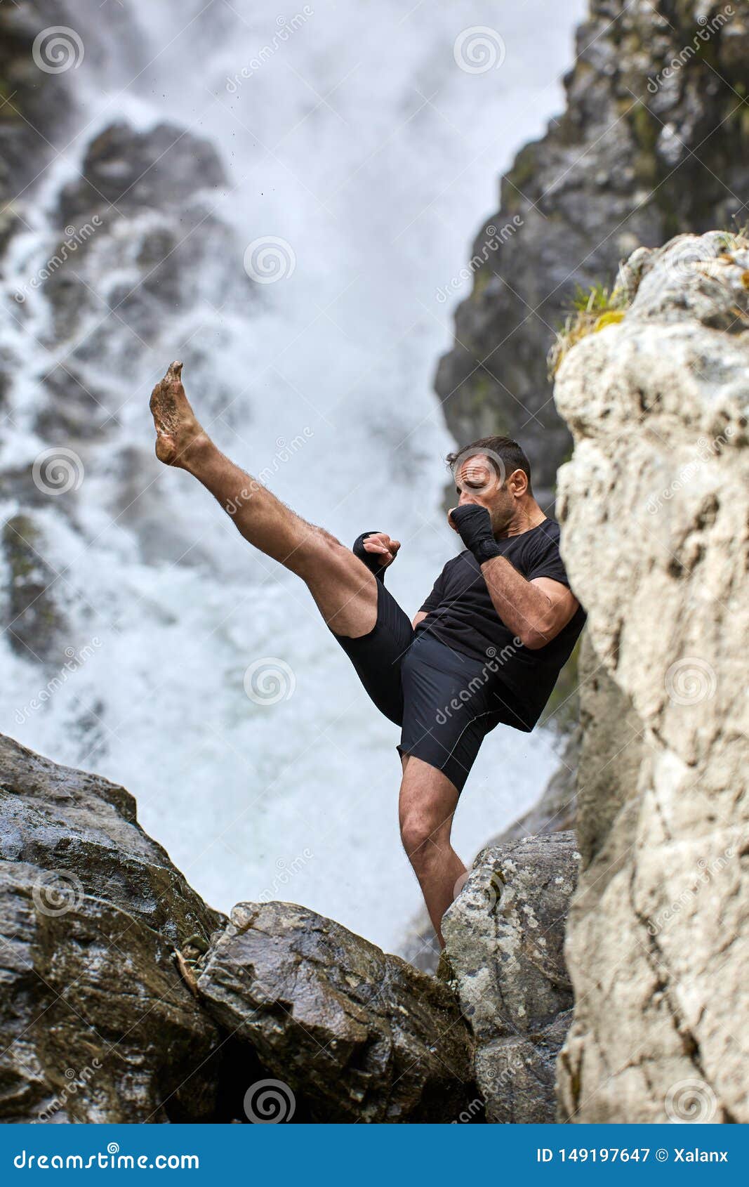 Muay Thai Fighter Training by the Waterfall Stock Image - Image of ...