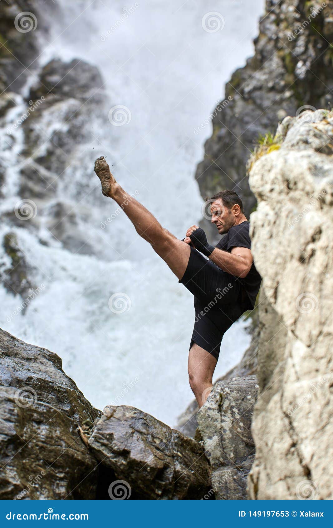 Muay Thai Fighter Training by the Waterfall Stock Image - Image of kick ...