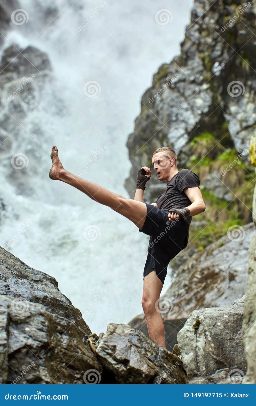 Muay Thai Fighter Training by the Waterfall Stock Image - Image of ...