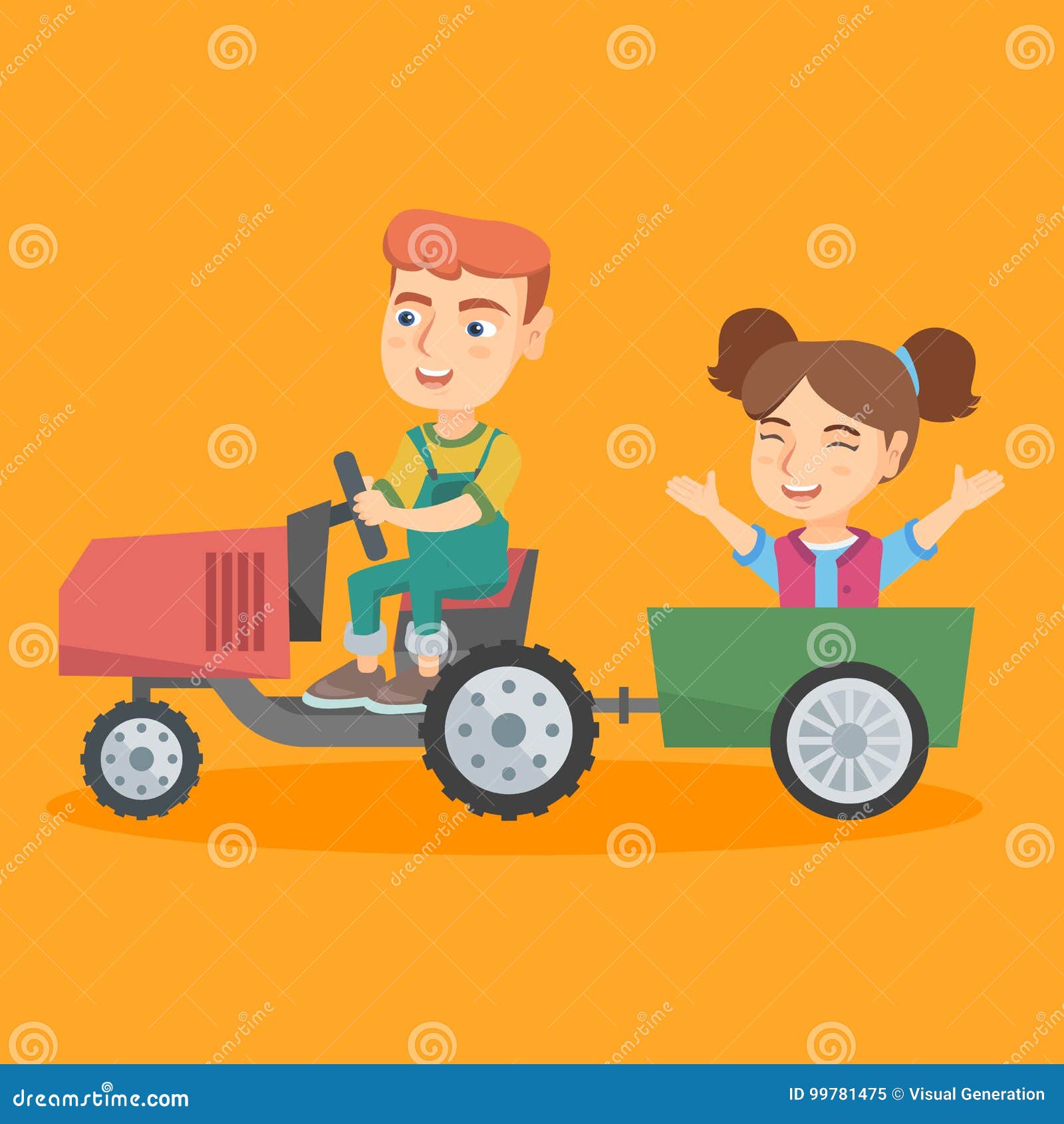 Muchacho Que Conduce Un Tractor Con Su Amigo En Remolque Ilustración ...