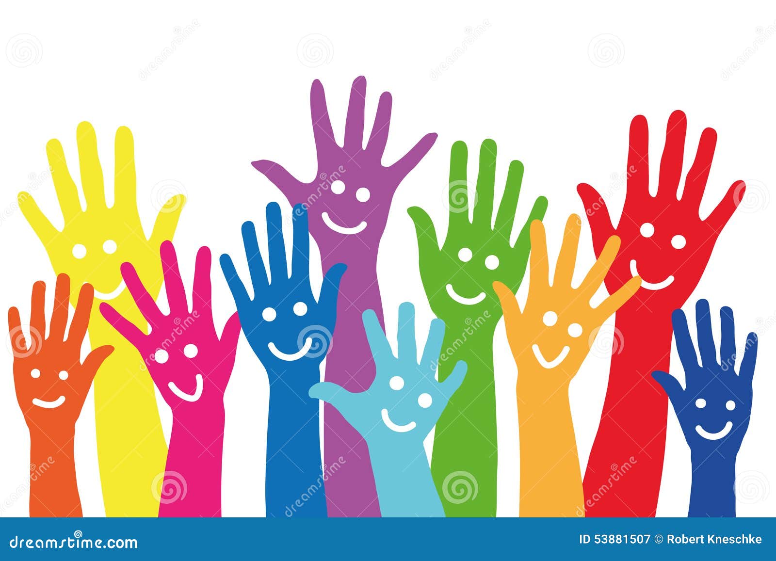 Muchas Manos Coloridas Con Smiley Stock de ilustración - Ilustración de ...