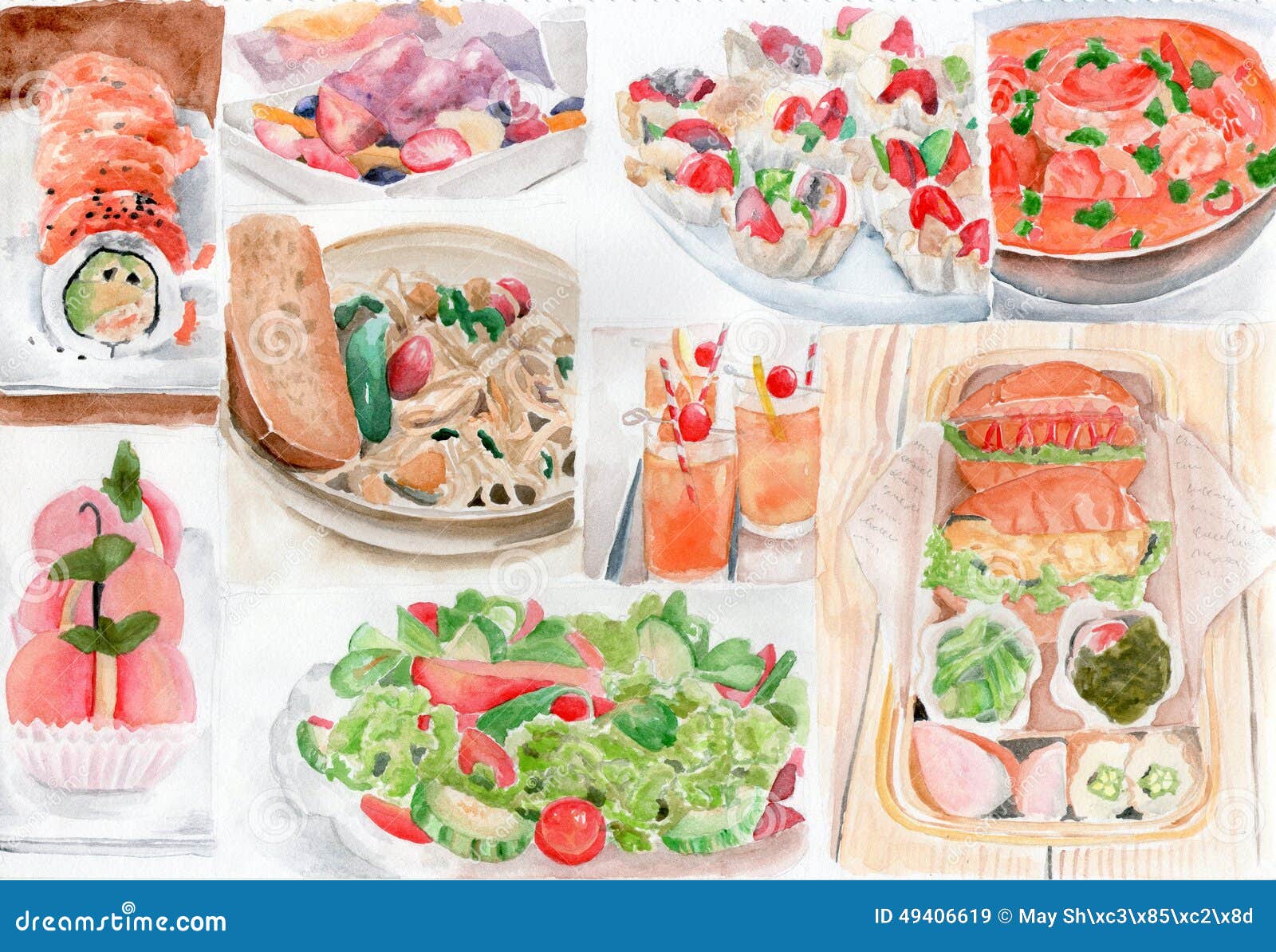 Mucho Pintura De La Acuarela De La Comida Stock de ilustración ...