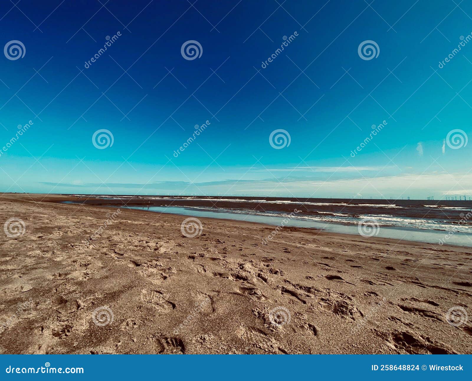 Muddy Beach with Footsteps Under a Blue Sky Stock Photo - Image of sand ...