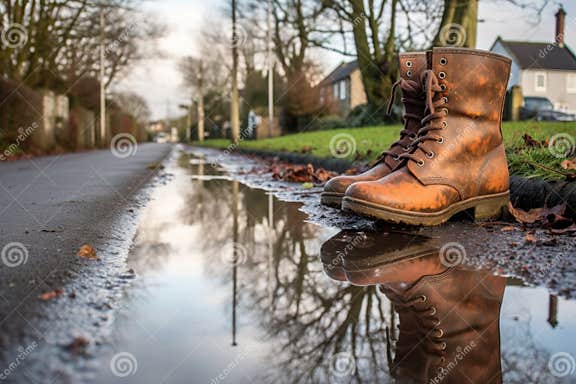Muddy Boots at the Edge of a Puddle, Reflections Stock Illustration ...