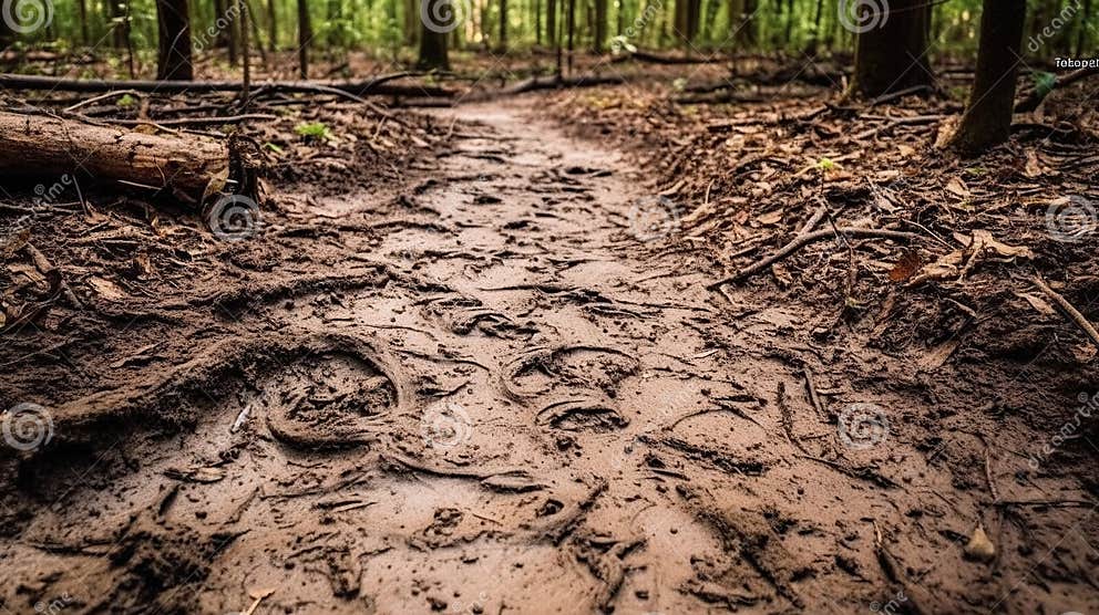A Muddy Forest Path with Footprints Stock Illustration - Illustration ...