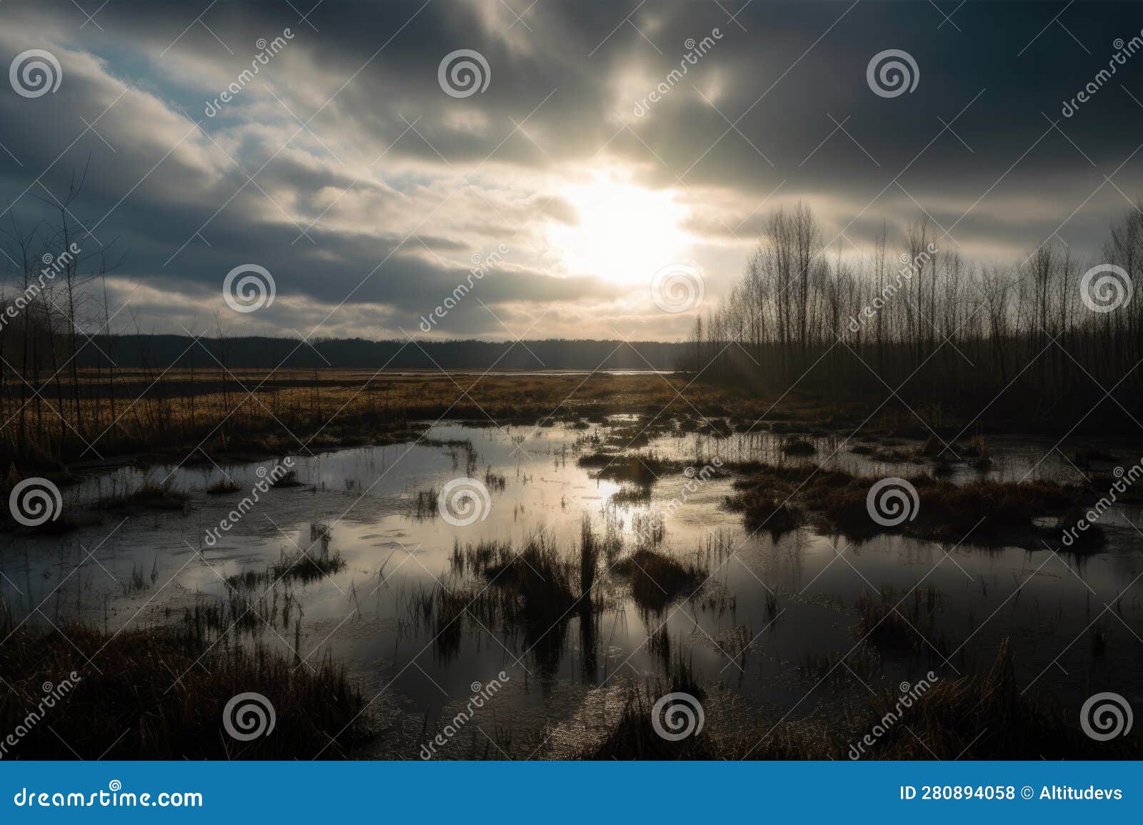 Muddy Marsh, with the Sun Peeking through Clouds and Shining on the ...