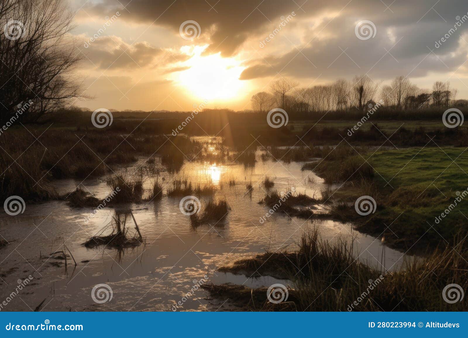 Muddy Marsh, with the Sun Peeking through Clouds and Shining on the ...