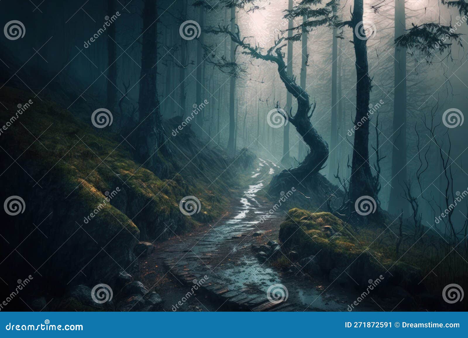 Muddy Path through a Humid, Foggy Forest Stock Illustration ...