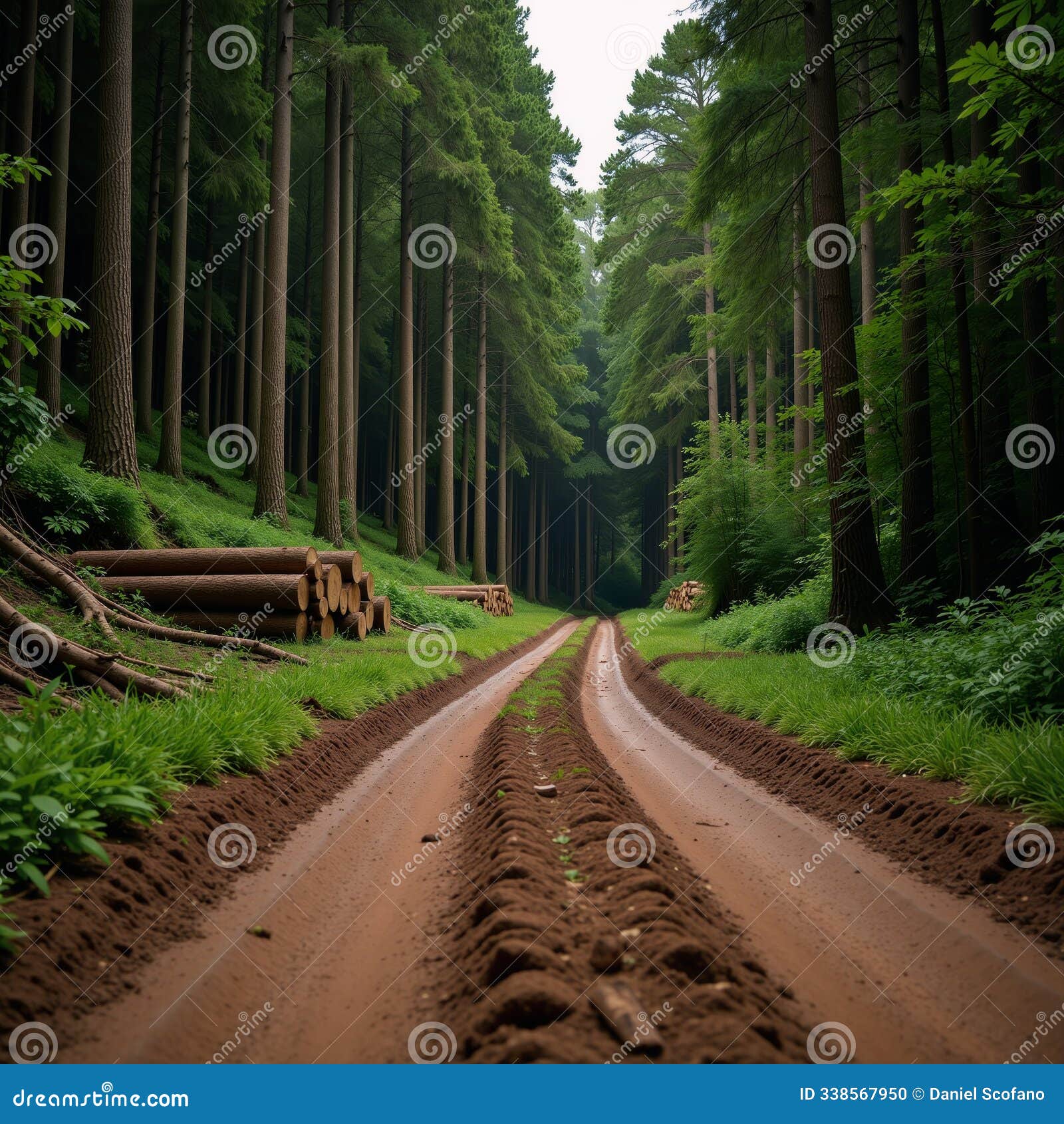Muddy Road Winding through Lush Rainforest Amidst Signs of Logging ...