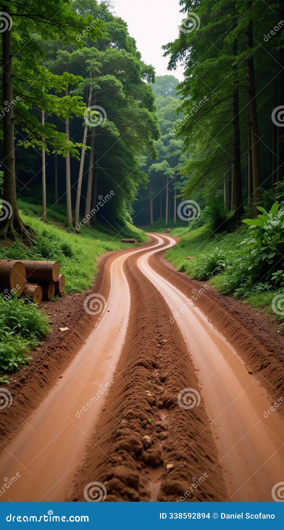 Muddy Road Winding through Lush Rainforest Amidst Signs of Logging ...