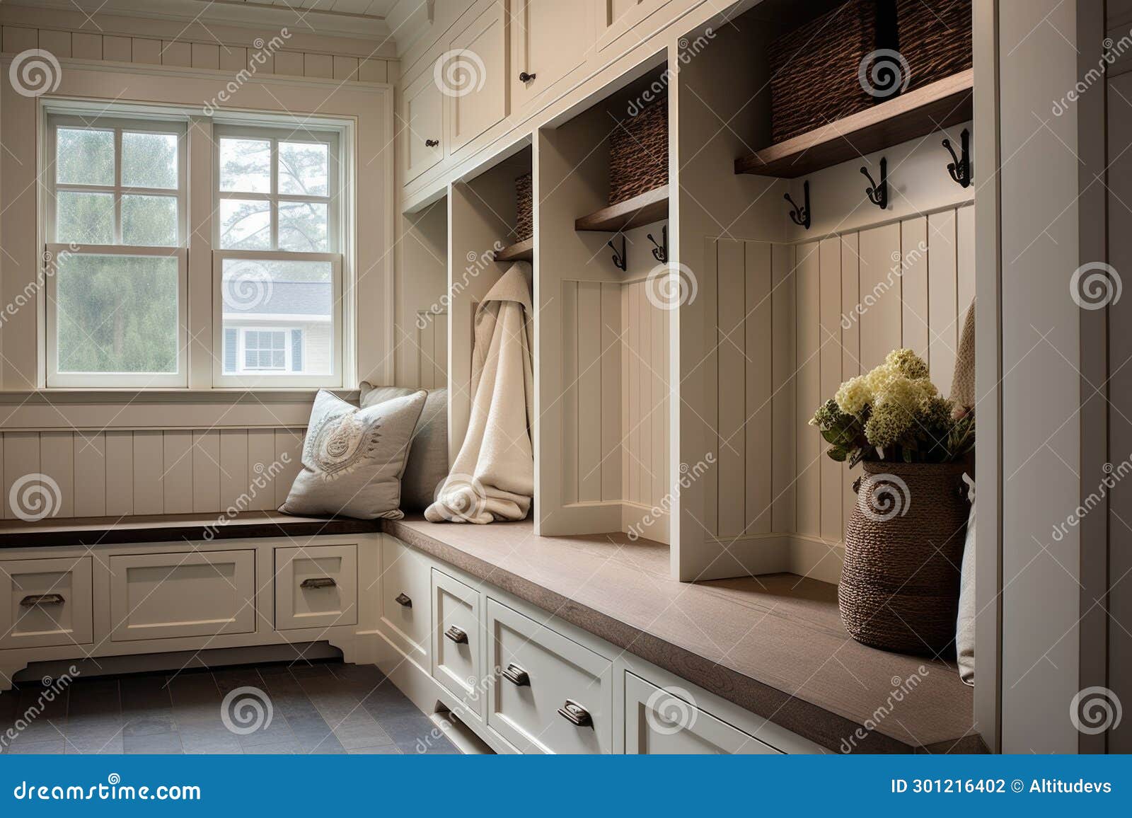 Mudroom with Built-in Storage and a Bench Seat Stock Photo - Image of ...