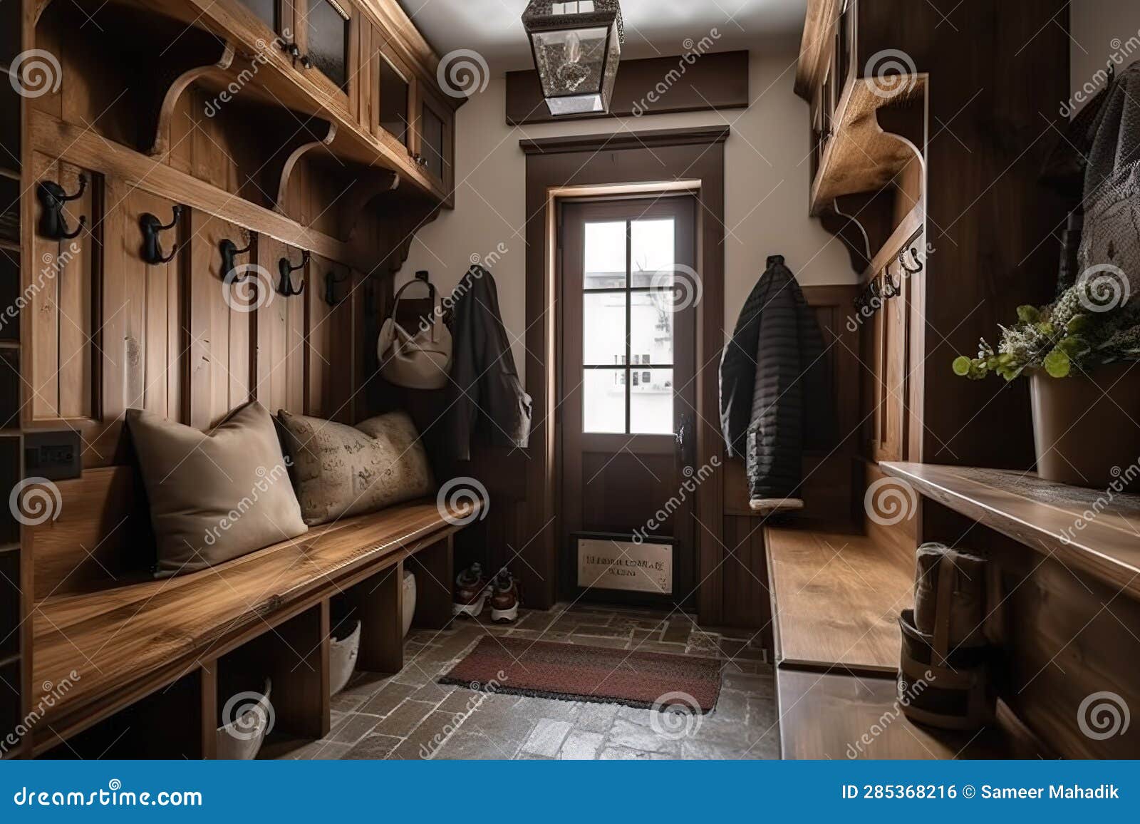 Mudroom With Built-in Wooden Benches, Hooks For Coats, And Storage ...