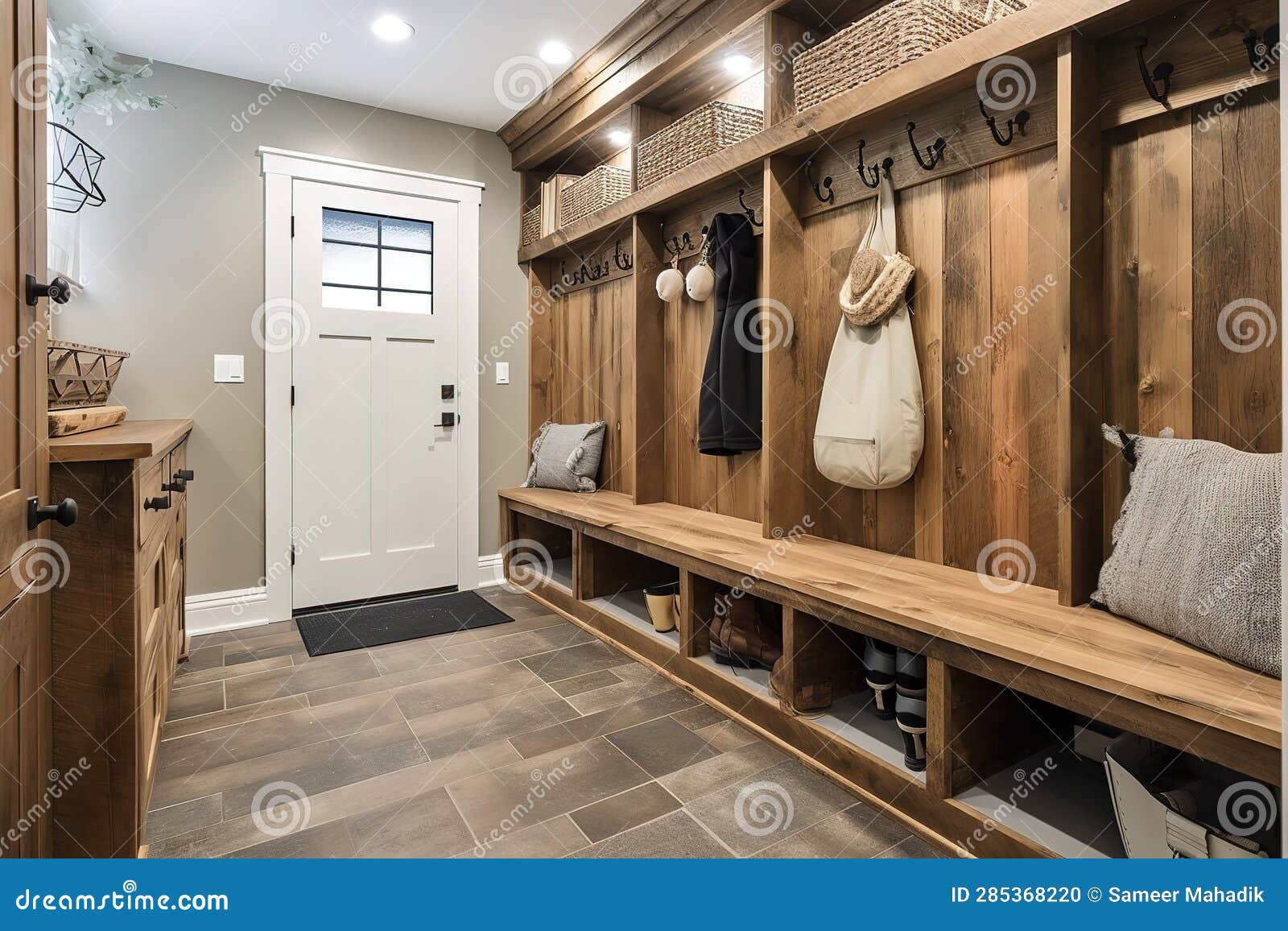 Mudroom With Built-in Wooden Benches, Hooks For Coats, And Storage ...